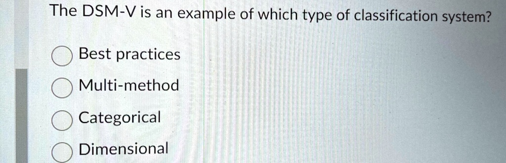 SOLVED: The DSM-V is an example of which type of classification system ...