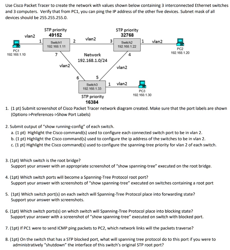 Use Cisco Packet Tracer to create the network with values shown below containing 3 ...
