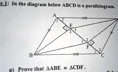 e1: In the diagram below ABCD is a parallelogram. A 1 2 E 1 2 3 B a) Prove that ABE = CDF. F 1 1 2 C