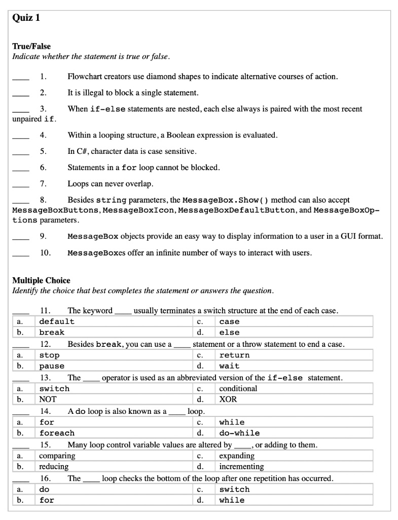 this is c quiz 1 truefalse indicate whether the statement is true or ...