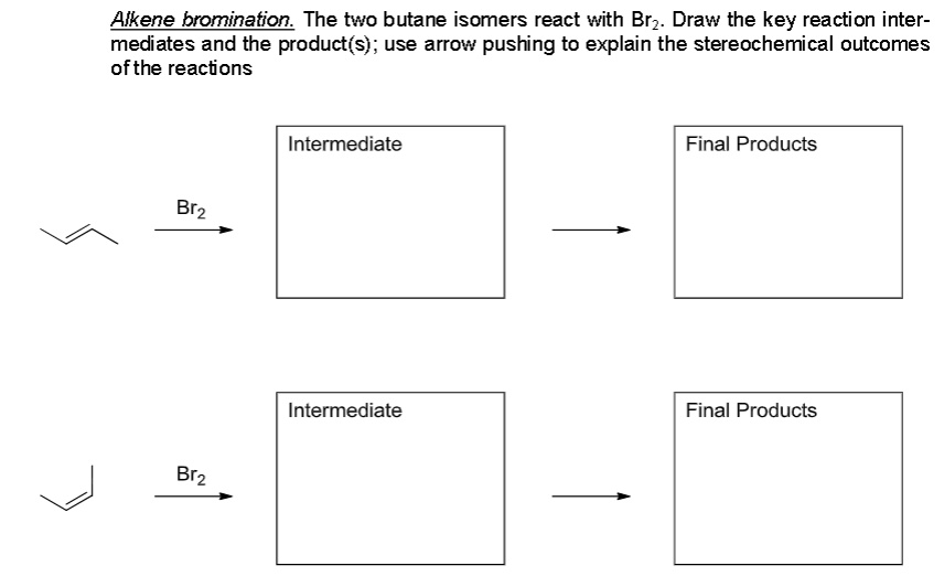 SOLVED: Alkene bromination: The two butane isomers react with Brz: Draw ...