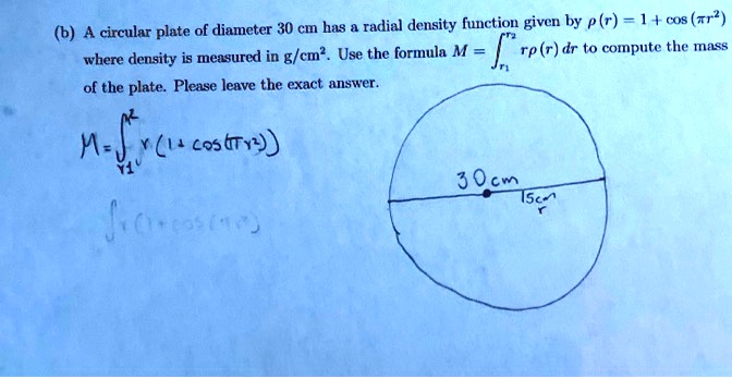 SOLVED: A circular plate of diameter 30 cm has radial density function given by p (r) = 1 + cos ...