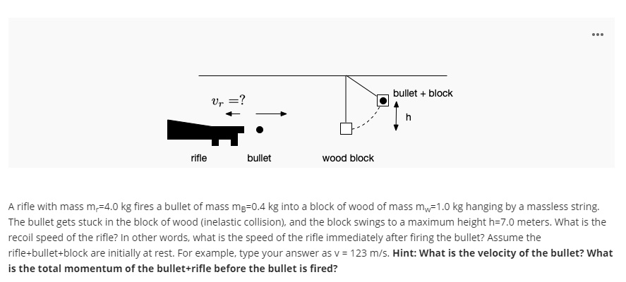 A rifle with mass m = 4.0 kg fires a bullet of mass m3 = 0.4 kg into a ...