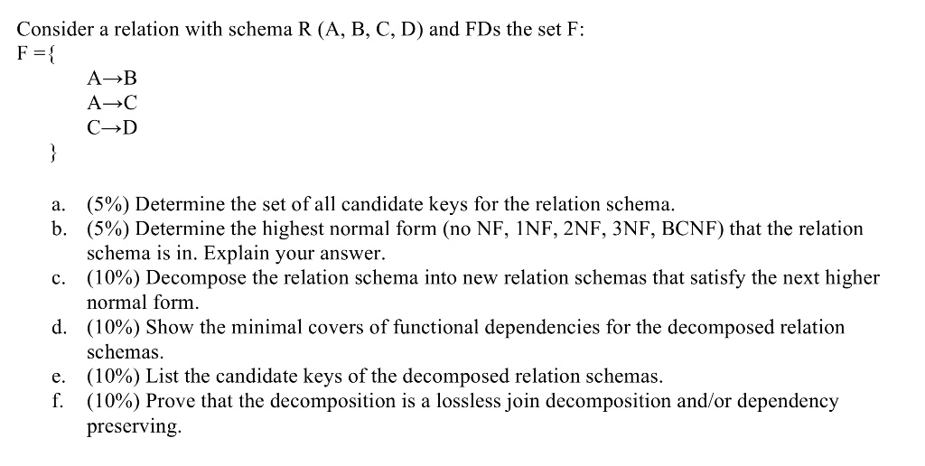 SOLVED: Consider a relation with schema R (A, B, C, D) and FDs the set ...