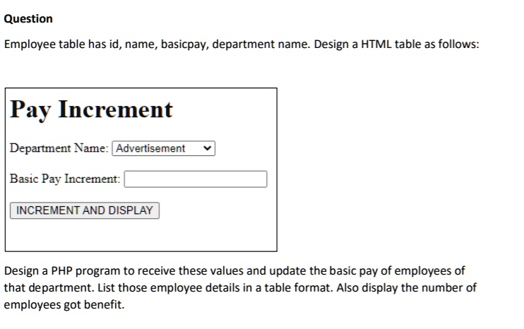 SOLVED: Employee table has id, name, basic pay, and department name. Design an HTML table as ...