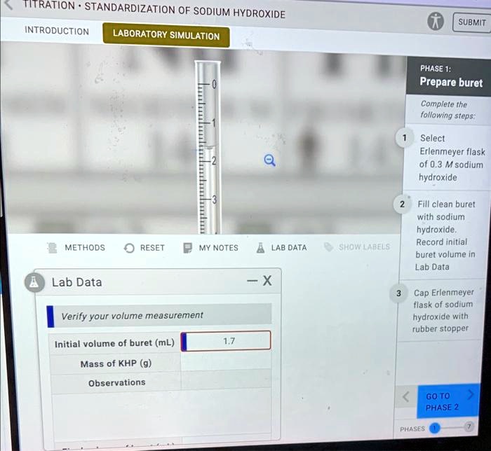 TITRATION STANDARDIZATION OF SODIUM HYDROXIDE INTRODUCTION LABORATORY SIMULATION 0 SUBMIT PHASE ...