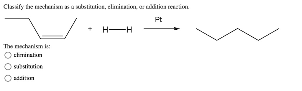 SOLVED: Classify the mechanism as a substitution, elimination, Or addition reaction. Pt HS-H The ...