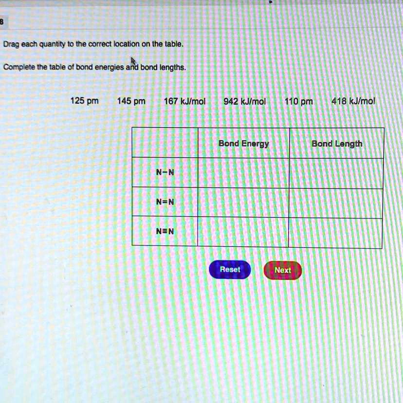 SOLVED:'complete the table of bond energies and bond lengths. NEED ANSWER ASAP!!! Drag each ...