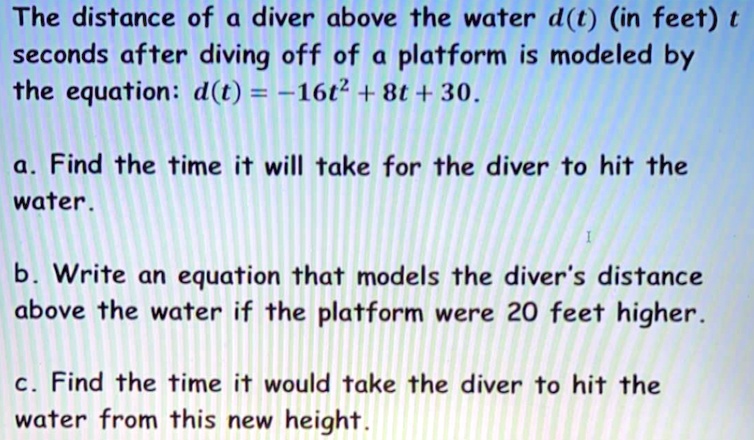 SOLVED: The distance of diver above the water d(t) (in feet) seconds ...
