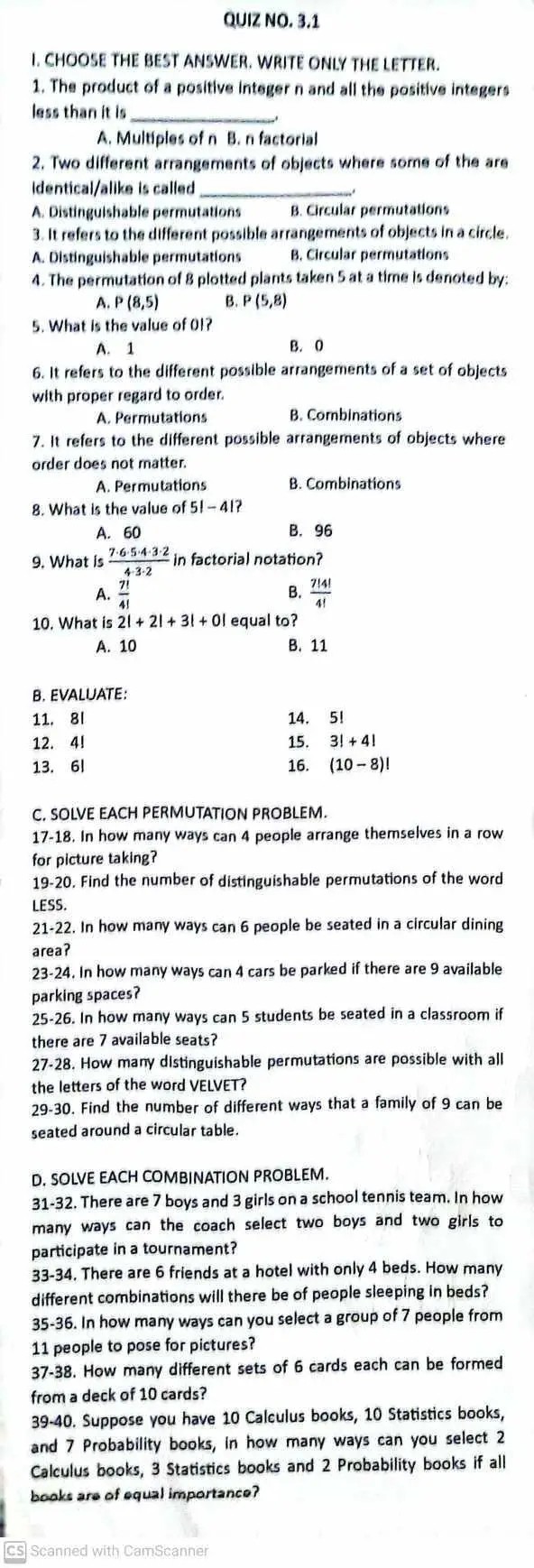 Solved Quiz No 3 1 1 Choose The Best Answer Write Only The Letter 1 The Product Of A
