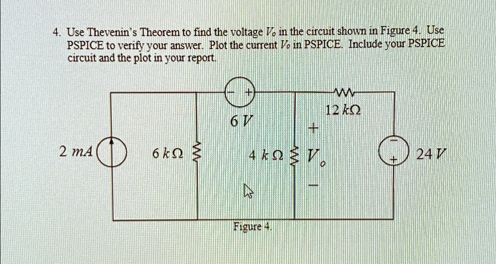 Use Thevenin's Theorem to find the voltage V(0) in the circuit shown in Figure 4. Use PSPICE to ...