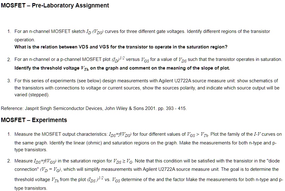 SOLVED: MOSFET Pre-Laboratory Assignment For an n-channel MOSFET, sketch Ip (Vds) curves for ...