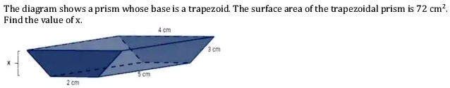 The diagram shows a prism whose base is a trapezoid. The surface area ...