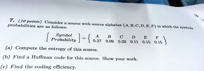 10 points consider sourcc probabilities with source alphabet are as follows abcdef in which the ...
