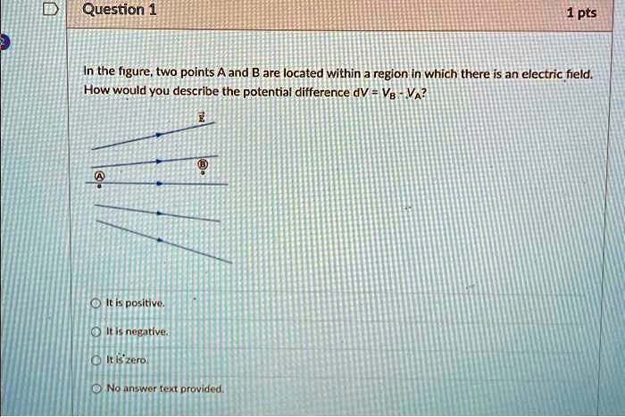 Question 1 1 pts In the figure, two points A and B are located within a region in which there is ...