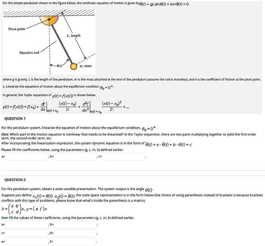 for the simple pendulum shown in the figure belowthe nonlinear equation of motion is given byt ...