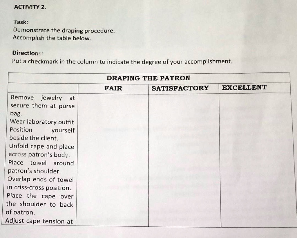 SOLVED: "demonstrate the draping procedure accomplish the table below ACTIVITY 2. Task ...