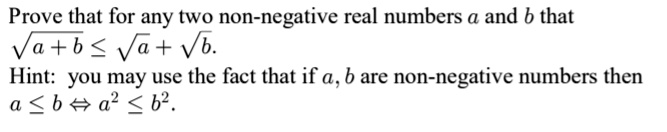SOLVED:Prove that for any two non-negative real numbers a and b that Va +b