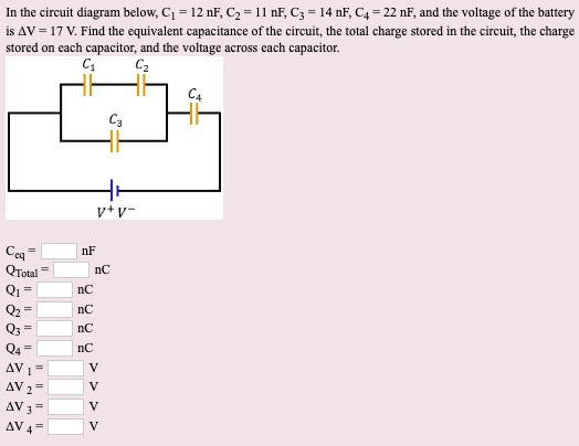 In the circuit diagram below, C1 = 2 nF, C2 = 11 nF, C3 = 14 nF, and C4 = 22 nF. Find the ...