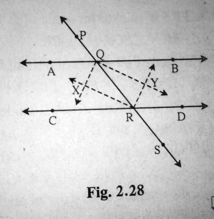 SOLVED: In figure 2.28, line PS is a transversal of parallel lines AB and CD. If Ray QX, Ray QY ...