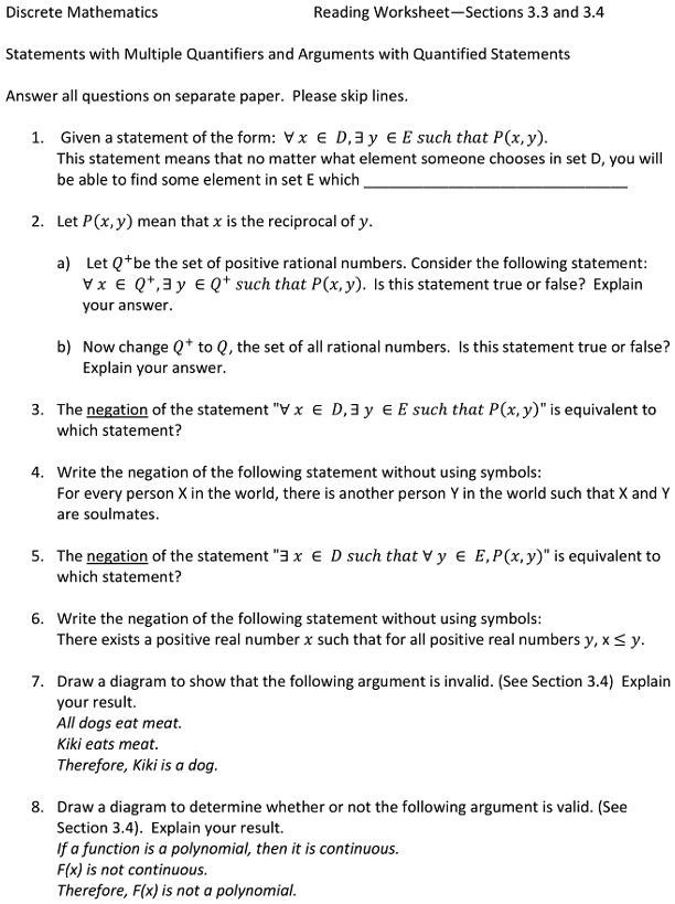 discrete mathematics reading worksheet sections 33 and 34 statements ...