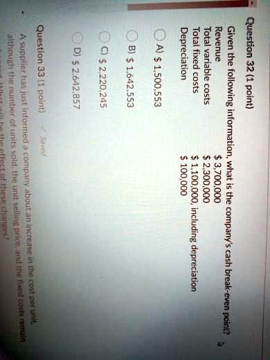 Question 32 (1 point) Given the following information, what is the company's cash break-even ...