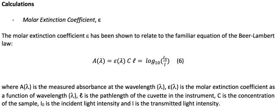 SOLVED: Calculations Molar Extinction Coefficient; € The molar ...
