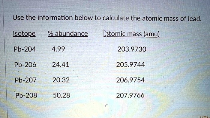use the information below to calculate the atomic mass of lead isotope abundance atomicmassamu ...