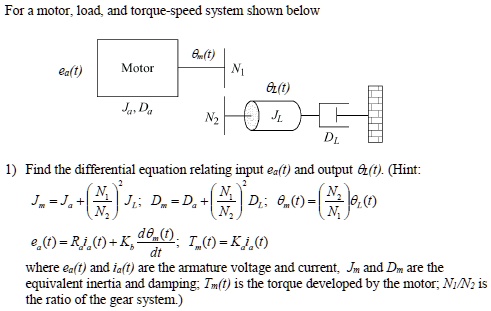 For a motor, load, and torque-speed system shown below (t) ea(t) Motor ...