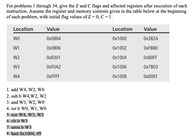 for problems through 34 give the z and c flags and affected registers ...