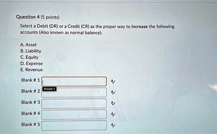 SOLVED: Question 4 (5 points) Select a Debit (DR) or a Credit (CR) as ...