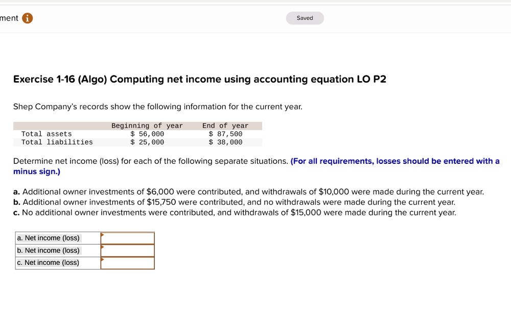 Exercise 1-16 (Algo) Computing net income using accounting equation LO P2 Shep Company's records ...