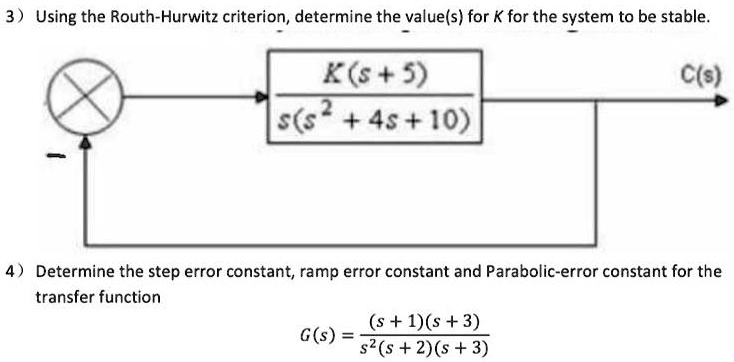 SOLVED: 3) Using the Routh-Hurwitz criterion, determine the value(s ...
