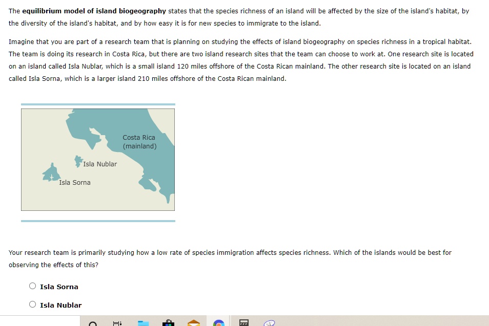 SOLVED: The equilibrium model of island biogeography states that the ...