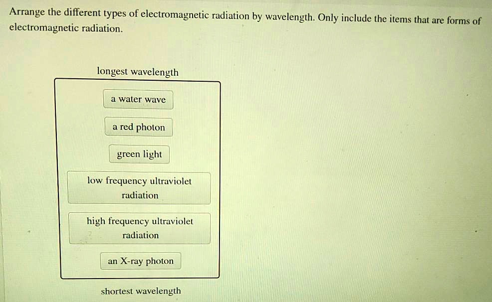 SOLVED: Arrange the different types of electromagnetic radiation by wavelength: Only include the ...