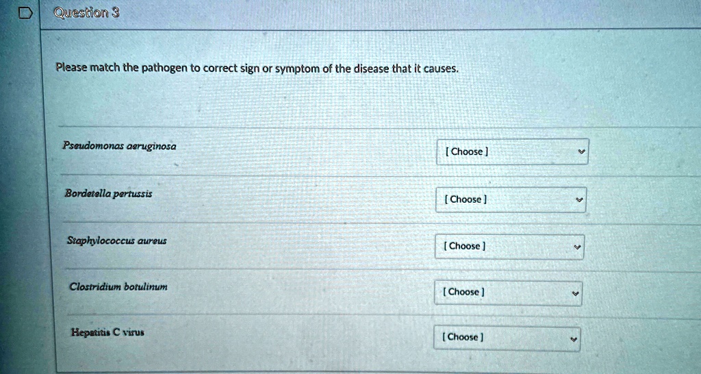 Question 3 Please match the pathogen to correct sign or symptom of the ...