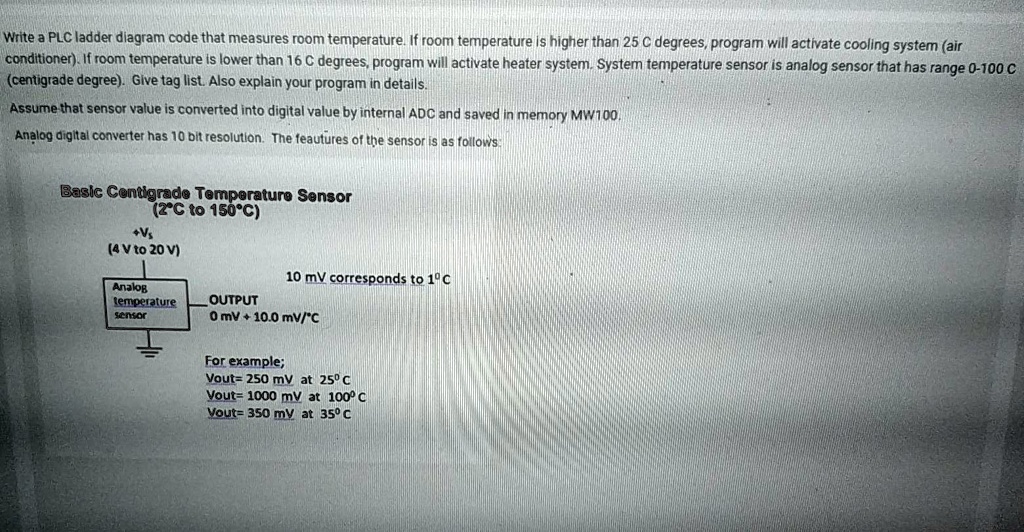 SOLVED: Write a PLC ladder diagram code that measures room temperature ...