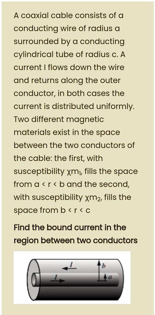 A coaxial cable consists of a conducting wire of radius a surrounded by ...