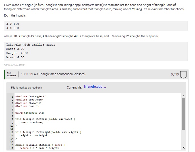 SOLVED: Given class Triangle (in files Triangle.h and Triangle.cpp), complete main to read and ...