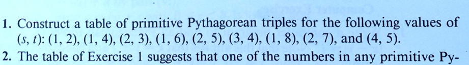 13 construct a table of primitive pythagorean triples for the following values of st 12 14 2 3 ...