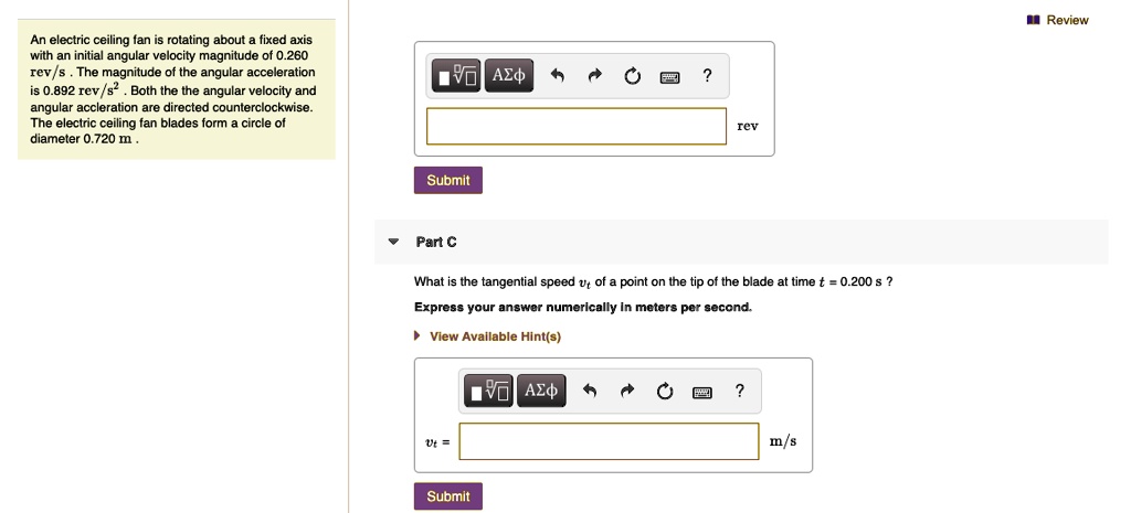 SOLVED:Roview An electric ceiling fan rotating about fixed axis with an initial angular velocity ...