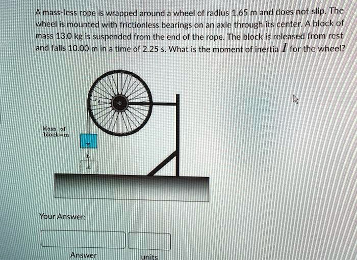 SOLVED: 13 A mass-less rope is wrapped around a wheel of radius 1.65 m ...