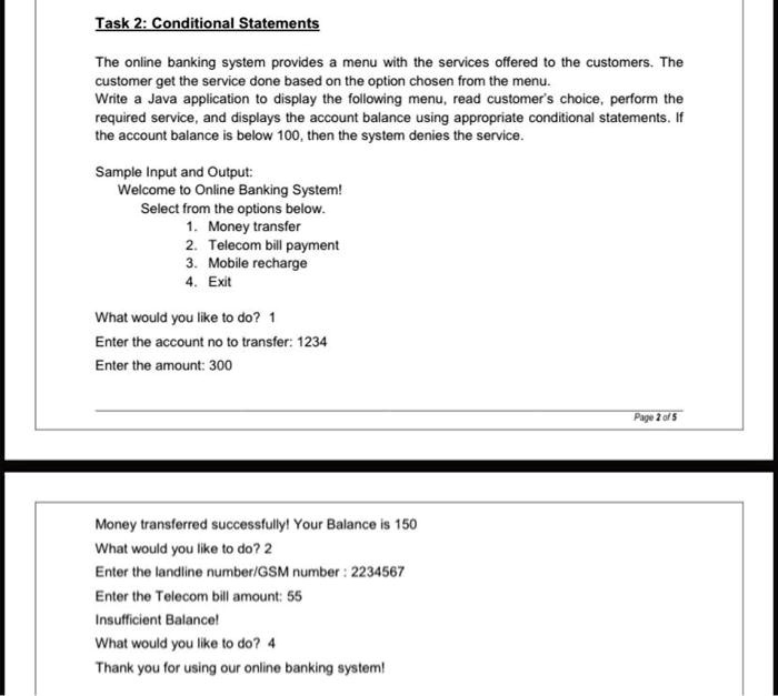 SOLVED: Task 2: Conditional Statements The online banking system ...