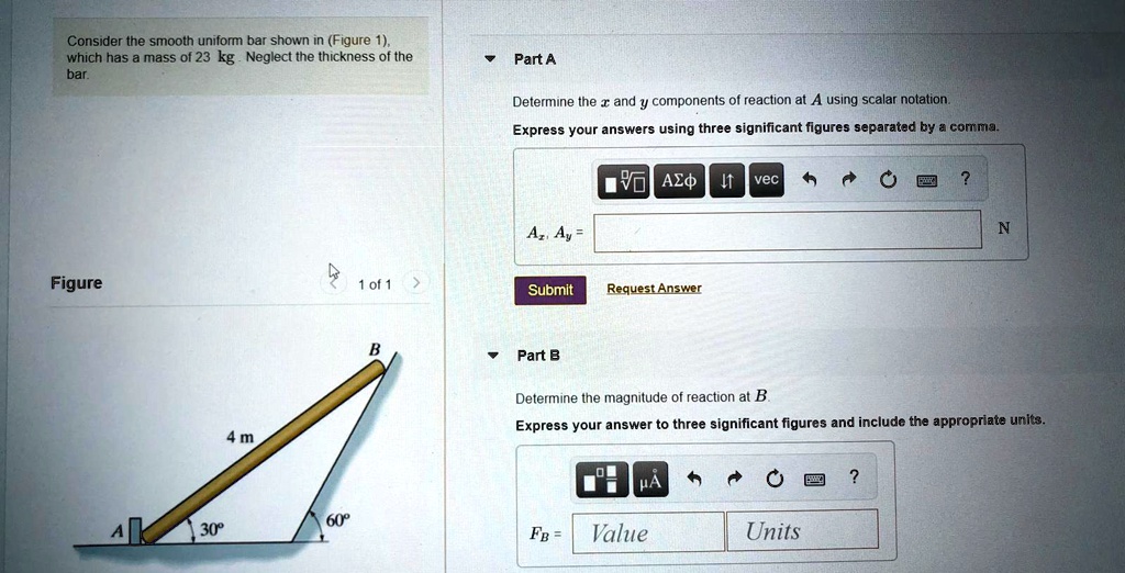 SOLVED: Consider the smooth uniform bar shown in Figure 1, which has a mass of 23 kg. Neglect ...