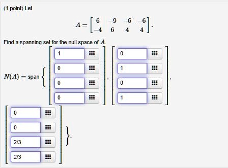 SOLVED: point) Let A= [ Find spanning set for the null e space 0f 4]: N ...