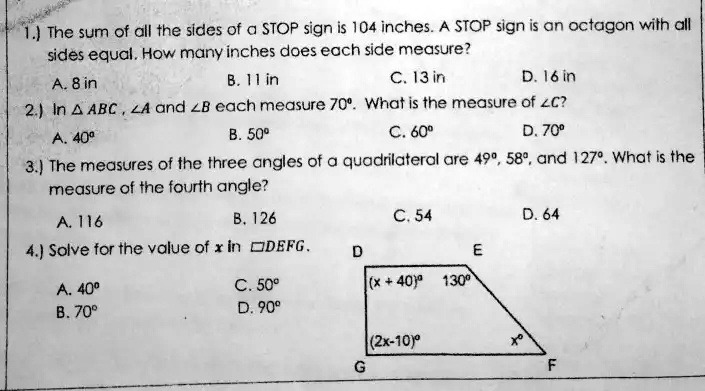 The sum of all the sides of a STOP sign is 104 inches. A STOP sign is ...