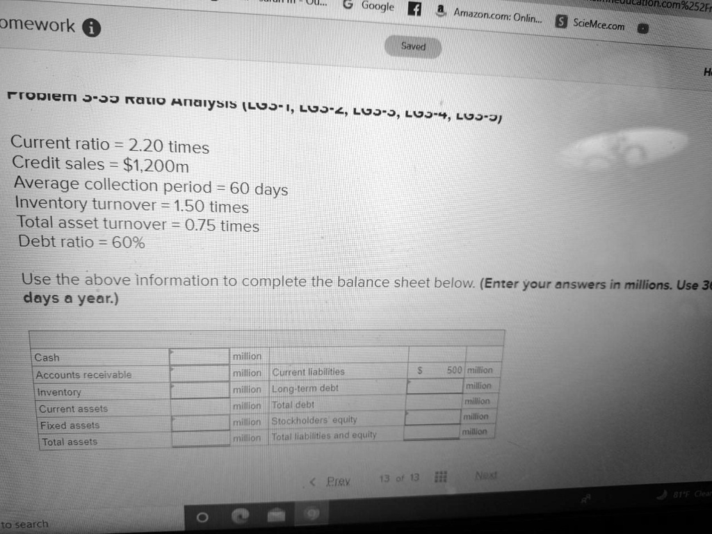 current ratio 220 times credit sales 1200m average collection period 60 ...