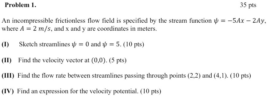 SOLVED: Problem 1. 35 pts An incompressible frictionless flow field is specified by the stream ...