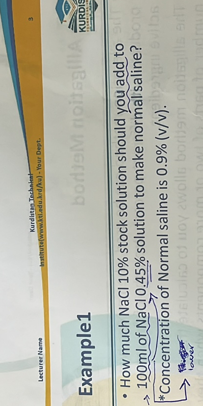 Example1 - How much NaCl 10 % stock solution should you add to → 100 ml of NaCl 0.45 % solution ...
