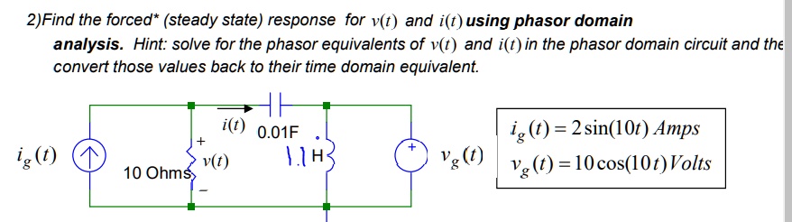 Find the forced (steady state) response for v(t) and i(t) using phasor domain analysis. Hint ...